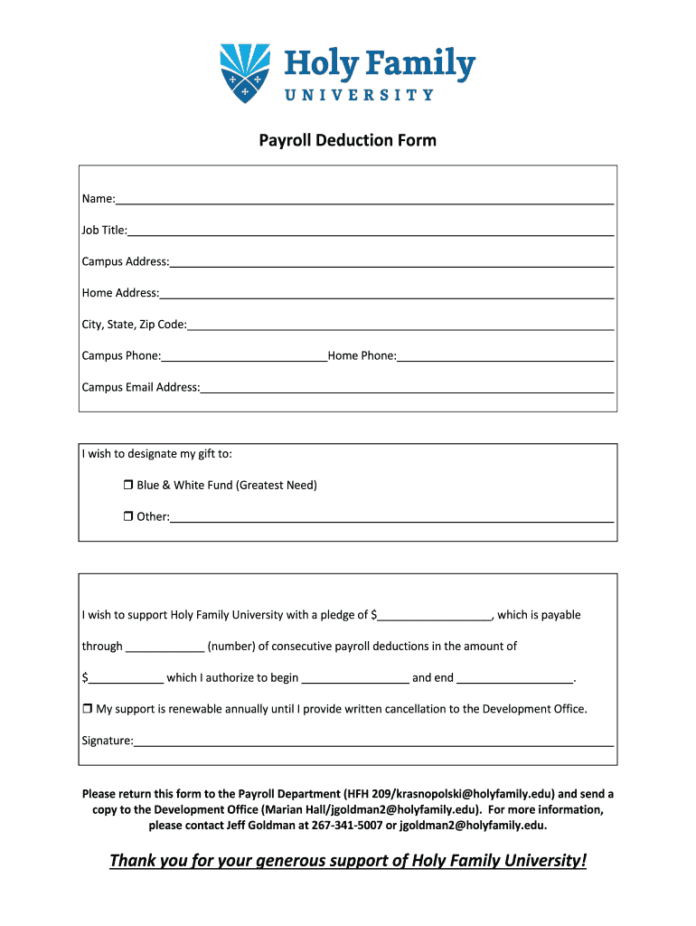 Fillable Online HFU Payroll Deduction Form - holyfamily.edu Fax Email ...