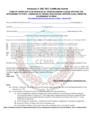 Obc Non Creamy Layer Certificate Format Annexure Ii - Fill Online, Printable, Fillable, Blank ...