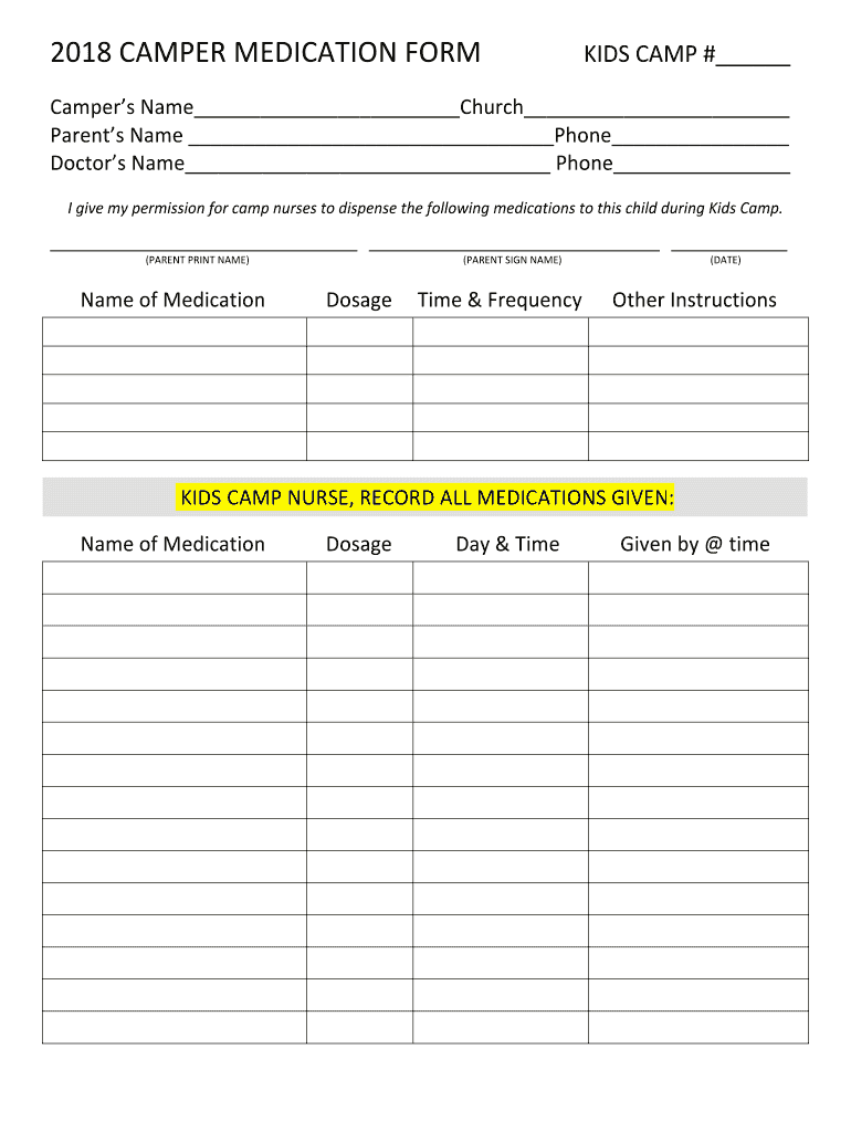 Fillable Online 2018 CAMPER MEDICATION FORM KIDS CAMP - adcag.org Fax ...