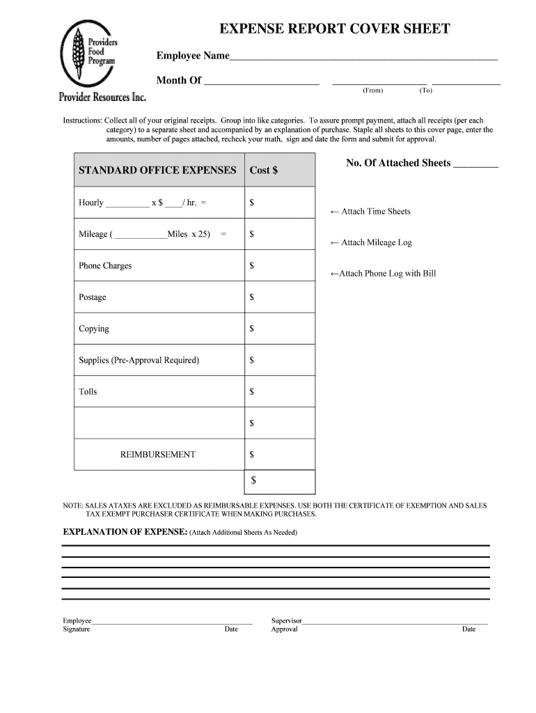 Fillable Online expense report cover sheet - Provider Resources, Inc ...