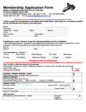Fillable Online Membership Application Form - Manly Warringah Motor ...