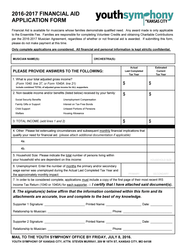 Fillable Online 2016 2017 FINANCIAL AID APPLICATION FORM - Fax Email ...