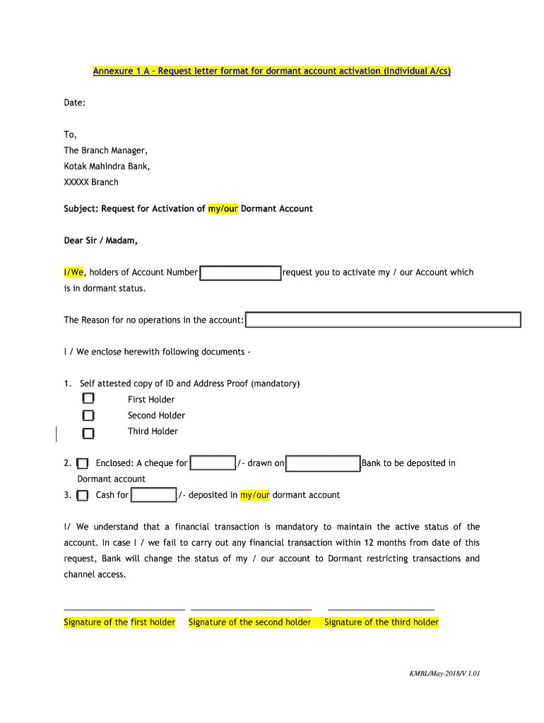 Fillable Online Annexure 1 A Request letter format for dormant account activation (Individual A ...