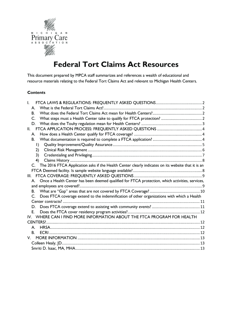 Fillable Online Federal Tort Claims Act Resources - Michigan Primary ...