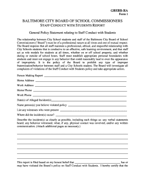 Fillable Online baltimorecityschools Staff Conduct with Student Form ...