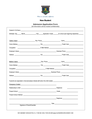 Fillable Online New Student Admission Application Form - Glenn Arbour ...