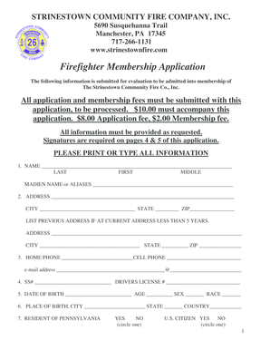 Fillable Online Firefighter Membership Application - Strinestown Fax ...