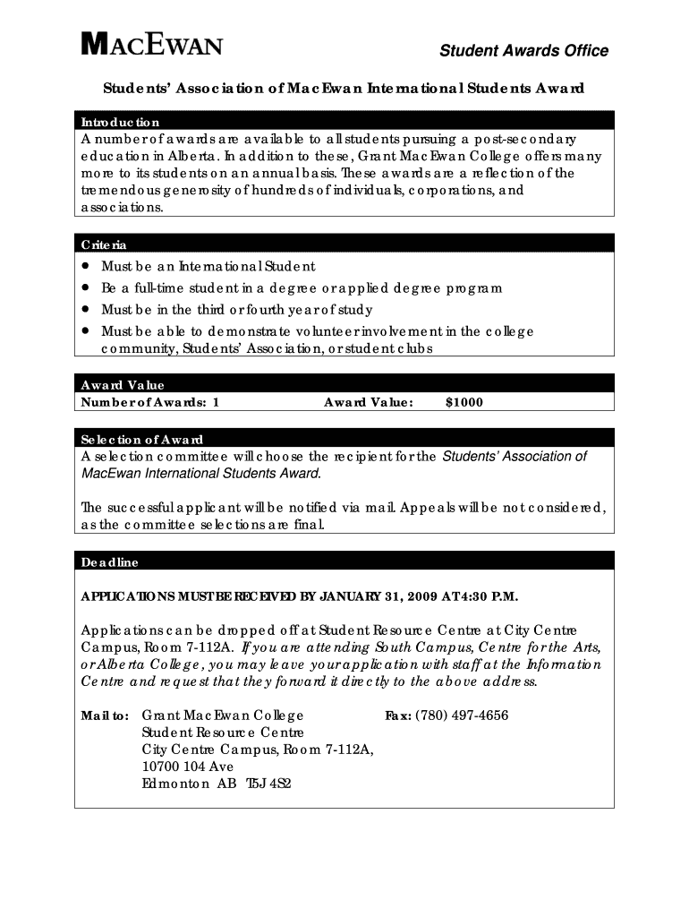 Fillable Online Students Association of MacEwan International Students Award Fax Email Print ...