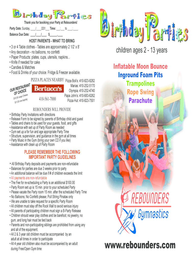 Fillable Online Ages 2 to 13 years - Rebounders Gymnastics Fax Email Print - pdfFiller