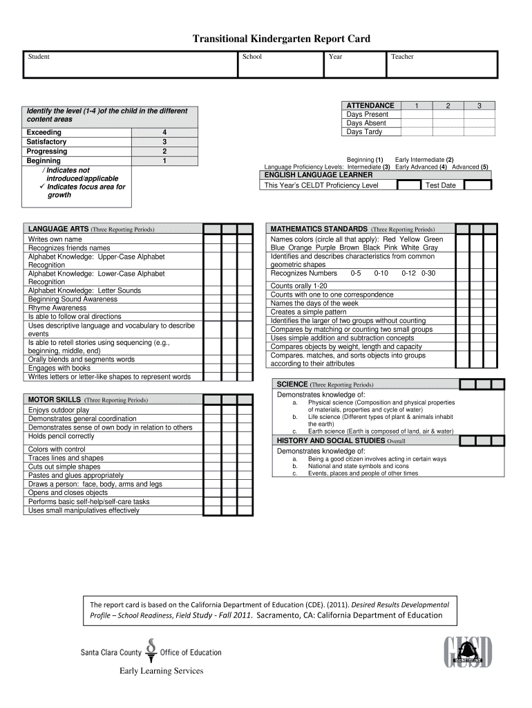 Fillable Online commoncore tcoe Transitional Kindergarten Report Card ...
