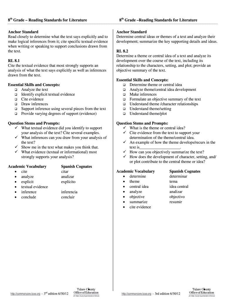 Fillable Online Tcoe 8th Grade Reading Standards For Literature Anchor fillable-online-tcoe-8th-grade-reading-standards-for-literature-anchor
