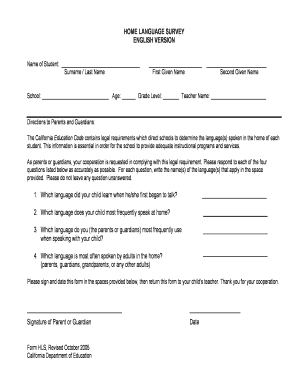 Fillable Online tcoe HOME LANGUAGE SURVEY ENGLISH VERSION 1 Which bb ...