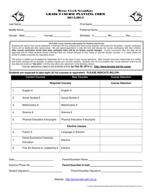 Fillable Online byrnecreek sd41 bc Byrne Creek Secondary GRADE 9 COURSE PLANNING FORM ...