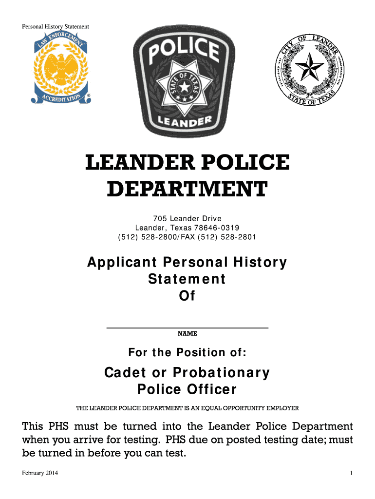 Fillable Online leandertx Police Officer Personal History Statement ...