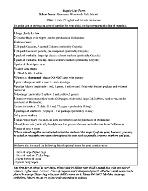 Fillable Online egwps ednet ns Supply List Form School Name: Grosvenor ...
