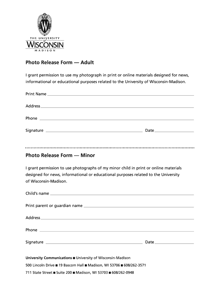 Fillable Online universityrelations wisc Photo Release Form Adult Photo Release Form Minor ...
