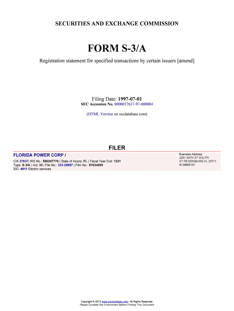 Fillable Online FLORIDA POWER CORP / (Form: S-3/A, Filing Date: 07/01/1997). Accession Number ...