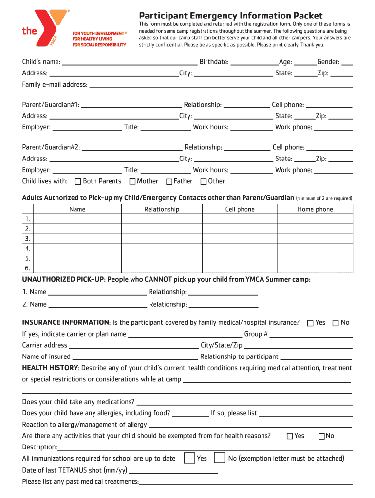 Fillable Online ymcachgo 3cdn Participant Emergency Information Packet ...