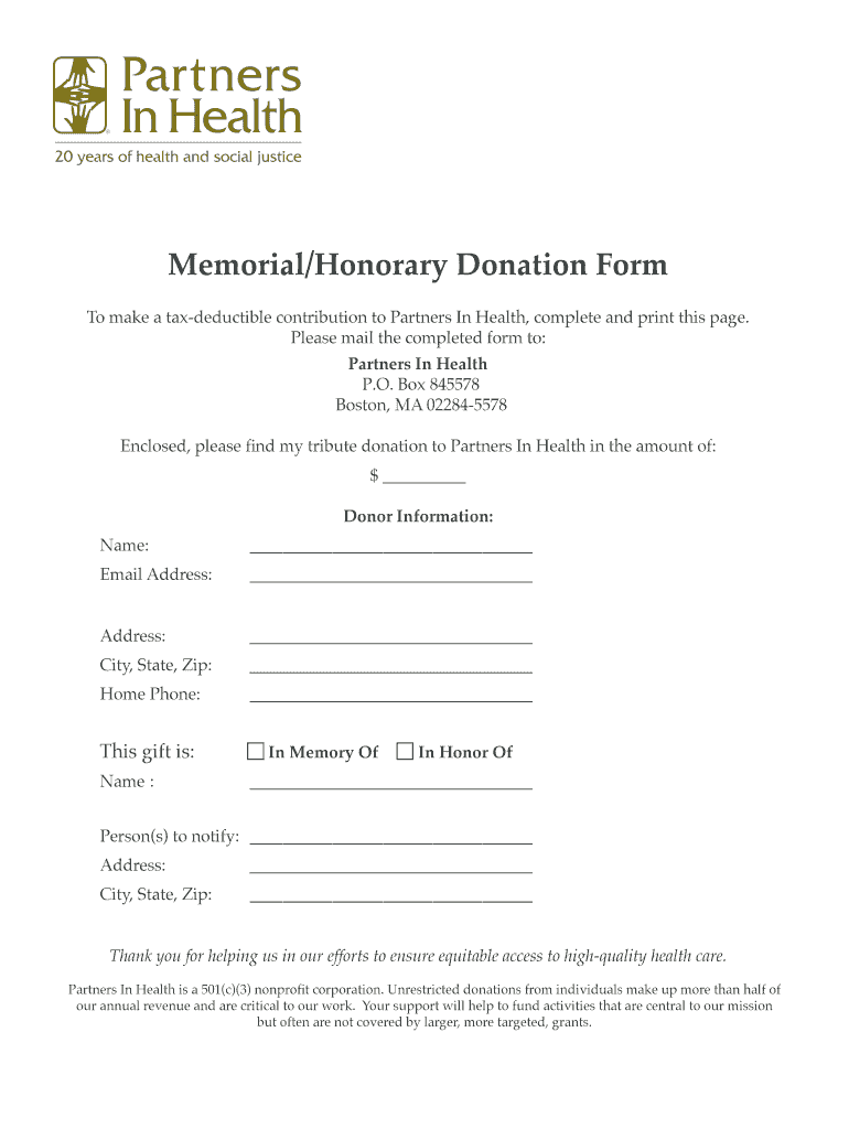 Fillable Online parthealth 3cdn Memorial/Honorary Donation Form Fax ...