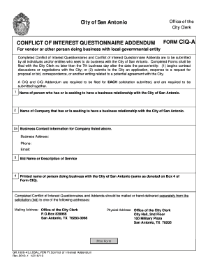 Fillable Online sanantonio CONFLICT OF INTEREST QUESTIONNAIRE ADDENDUM ...