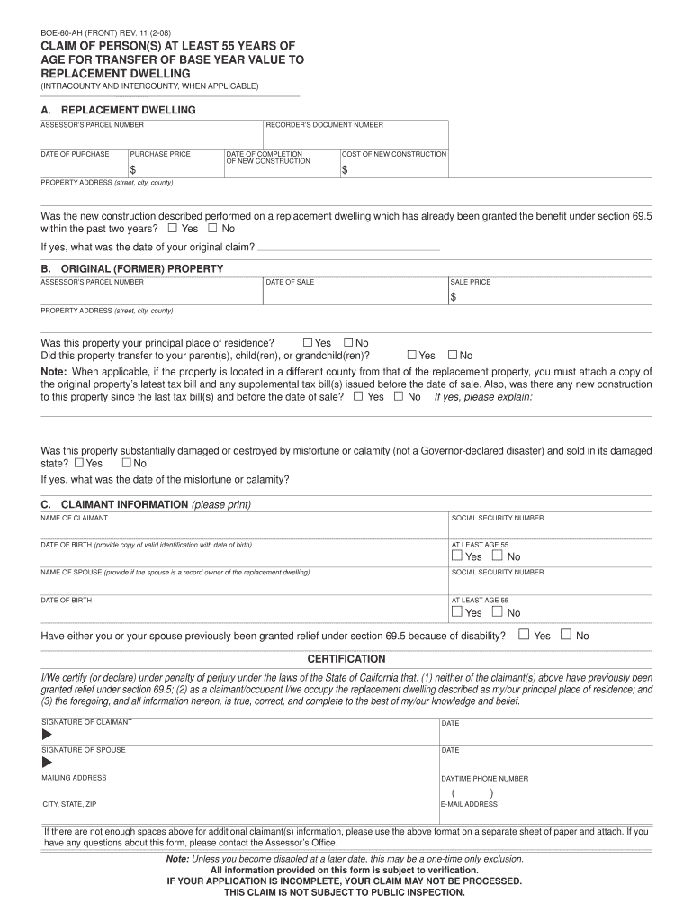 Fillable Online smcare Page 1 BOE-60-AH (FRONT) REV. 11 (2-08) CLAIM OF ...