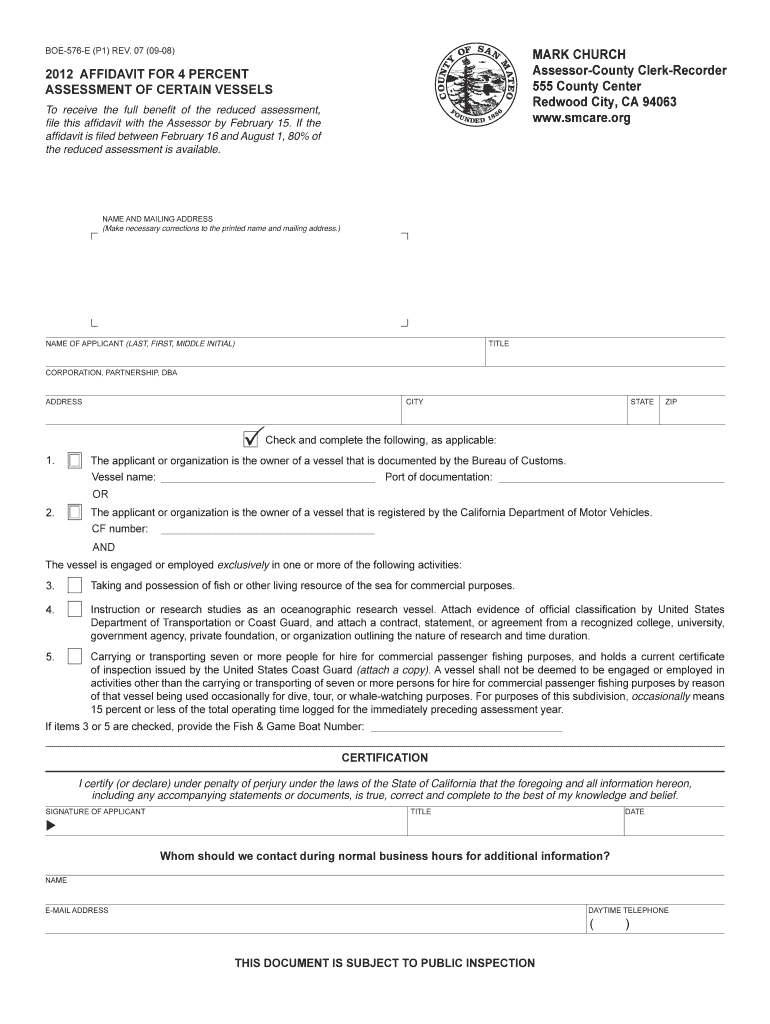 Fillable Online smcare 2012 AFFIDAVIT FOR 4 PERCENT ASSESSMENT OF ...