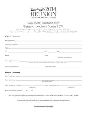 Fillable Online reunion vanderbilt Class of 2004 Registration Form Registration deadline is ...