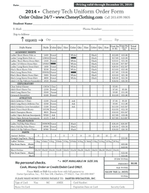 Fillable Online cttech 2014 Cheney Tech Uniform Order Form - cttech Fax ...