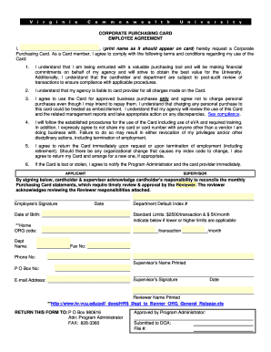 Fillable Online CORPORATE PURCHASING CARD Purchasing Card Employee ...