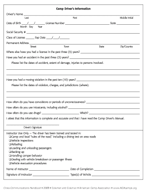 Fillable Online acacamps Sample Camp Driver's Information Form ...