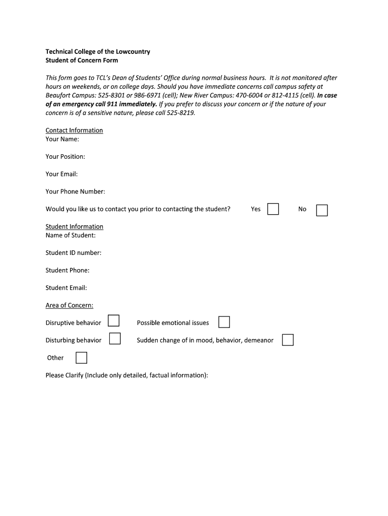 Fillable Online tcl Student Concern Form.8.2014 - Technical College of ...