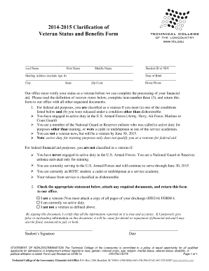 Fillable Online tcl 2014-2015 Confirmation of Veteran Status and ...