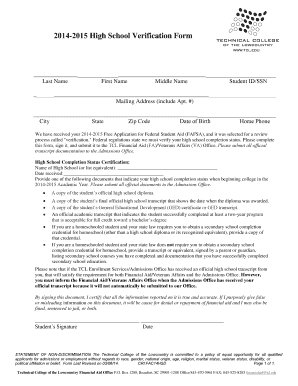 Fillable Online tcl 2014-2015 High School Verification Form - Technical ...