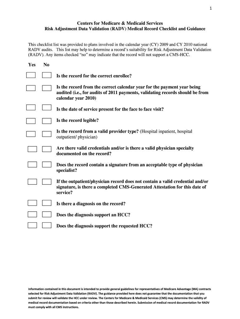 Fillable Online Risk Adjustment Data Validation (RADV) Medical Record Checklist and Guidance Fax ...