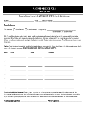 US Planned Absence Form - Lakeside School - Lakesideschool - Fill and ...