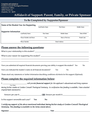 Fillable Online gordonconwell Affidavit of Support: Parent, Family, or Private Sponsor - Gordon ...
