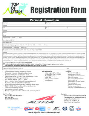 Fillable Online Registration Form - Top of Utah Marathon Fax Email ...