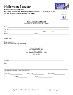 Fillable Online highpointnc Craft Vendor Application 2011 - highpointnc ...