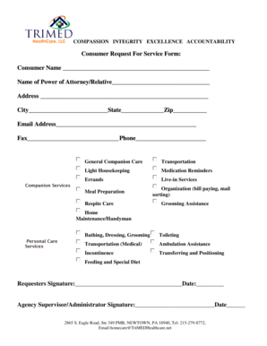 Fillable Online Consumer Request For Service Form: Consumer Name Name ...