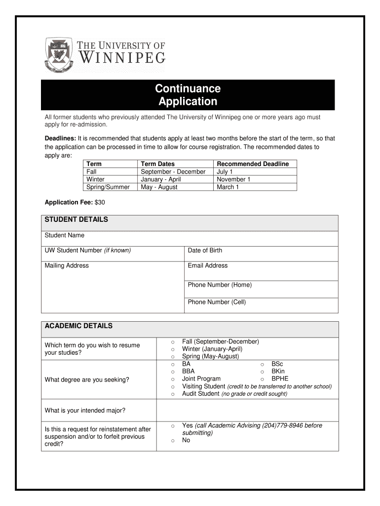 Fillable Online uwinnipeg Application for Continuance Form - University of Winnipeg - uwinnipeg ...