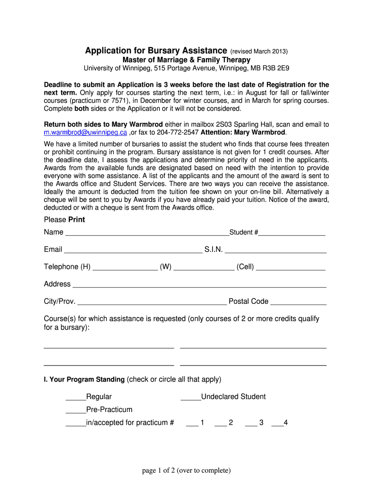 Fillable Online aurora uwinnipeg Bursary Assistance Application ...