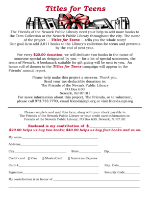 Fillable Online npl Books for teens form - Newark Public Library - npl ...