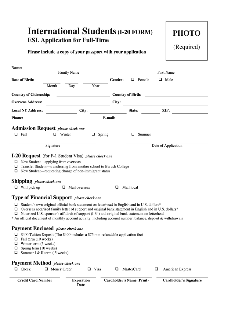 Fillable Online International Students(I-20 FORM) ESL Application ...