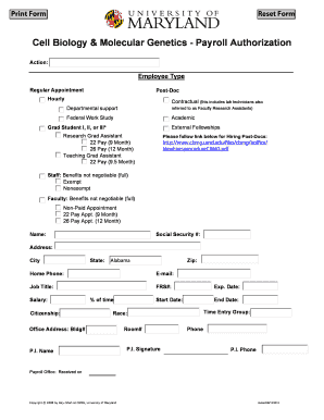 Fillable Online cbmg umd Payroll Authorization - Department of Cell Biology and Molecular ...