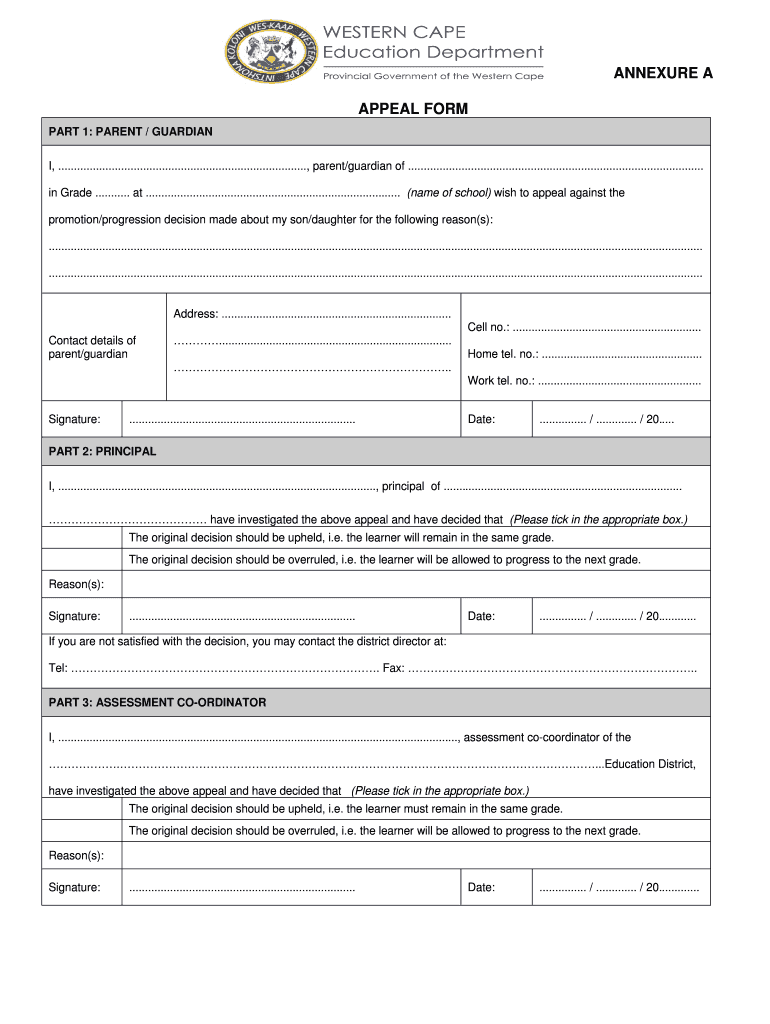 Fillable Online wced pgwc gov ANNEXURE A APPEAL FORM - wced pgwc gov ...