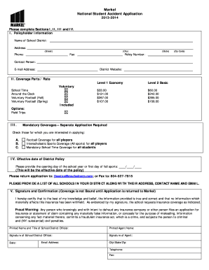 Fillable Online Markel National Student Accident Application III ...