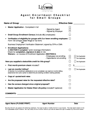 Fillable Online 2001 Agent Enrollment Checklist for Small Group web ...