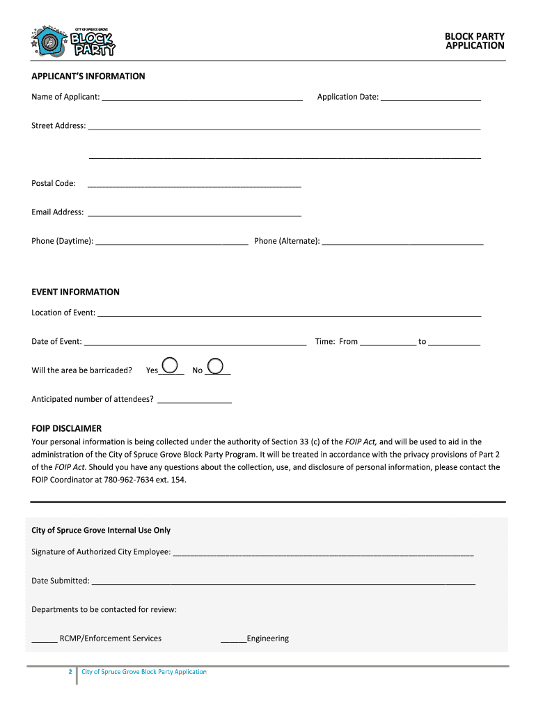 Fillable Online sprucegrove City of Spruce Grove Block Party ...