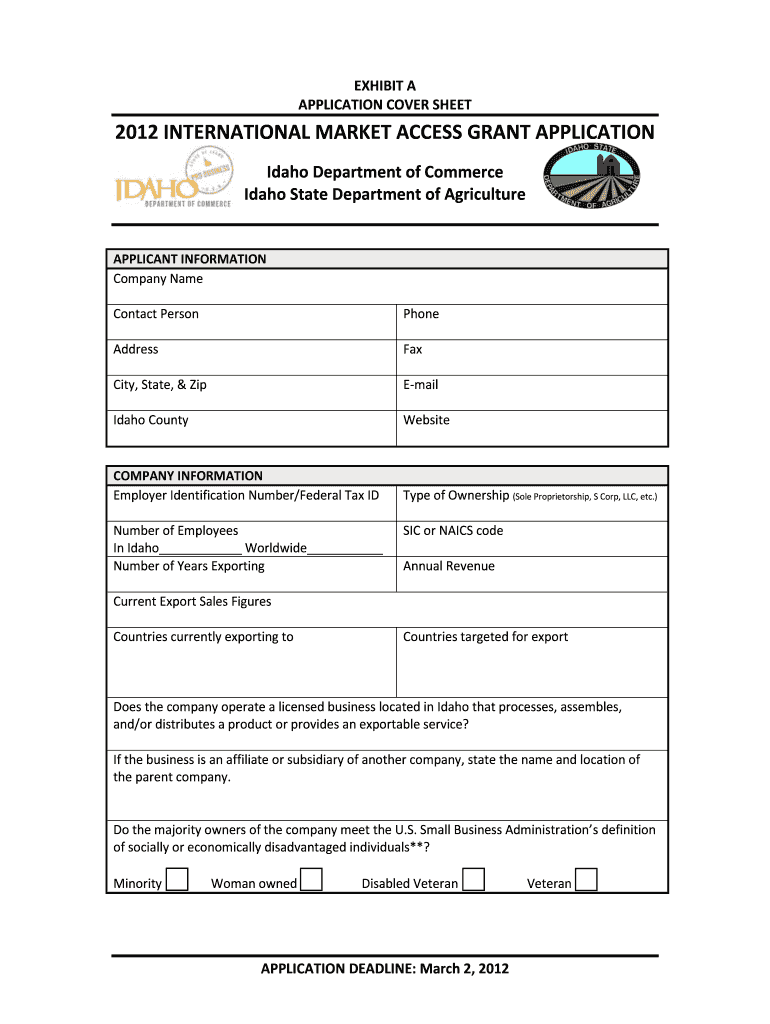 Fillable Online agri idaho Application Cover Sheet (Exhibit A) Project Proposal (no more ... Fax ...