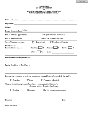Fillable Online montana COVER SHEET CANDIDATE39S DOSSIER for RETENTION ...